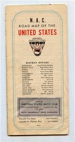 NAC Road Map of the United States National Automobile Club 1940's | eBay