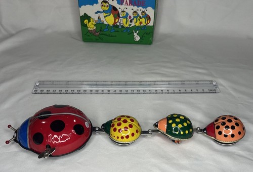 Vtg MECHANICAL LADYBUG FAMILY PARADE Windup Tin Toy Original Box Taiwan ...
