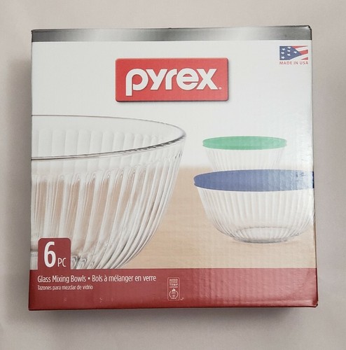 PYREX 6 pc Clear Sculpted Glass Mixing Bowl Set 6 & 10 Cup 4.5 Qt w ...