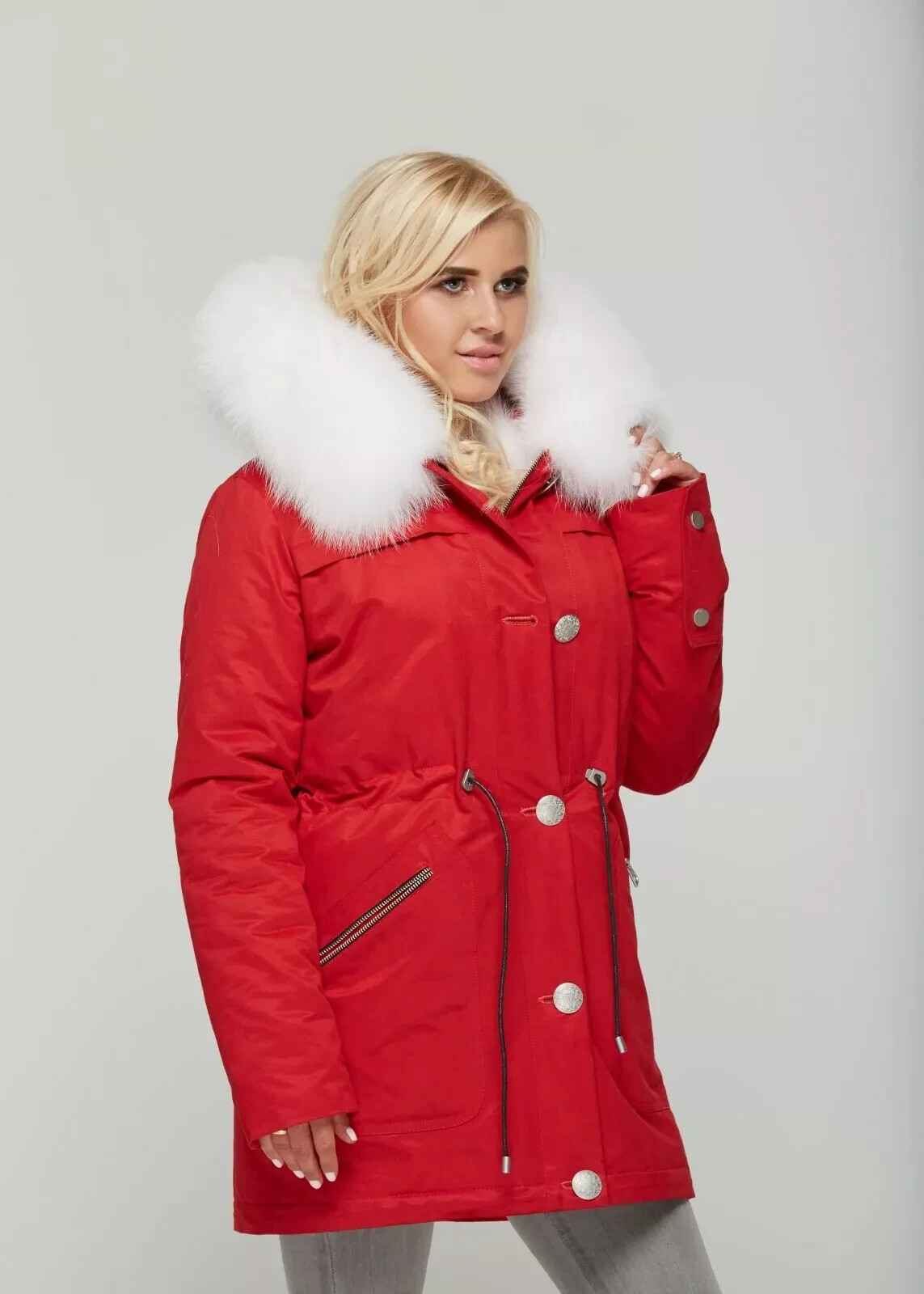 Women's Red parka white fur Durable and Weather-Resistant Fabric coat ...