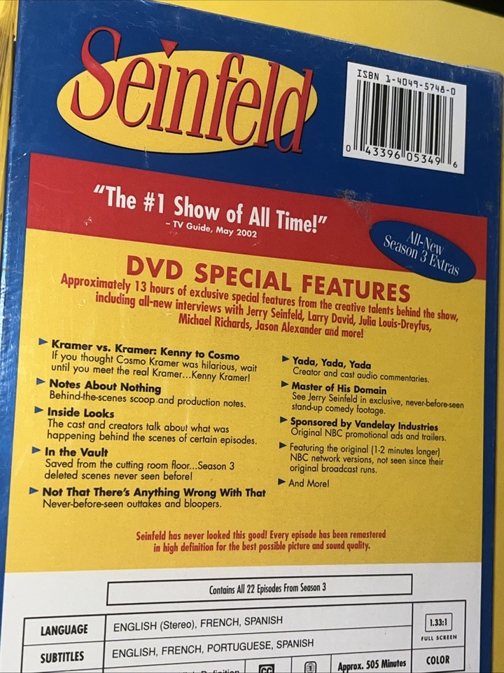 Seinfeld Season 3 DVD 2004, 4-Disc Set Box Jerry Seinfeld New Sealed ...