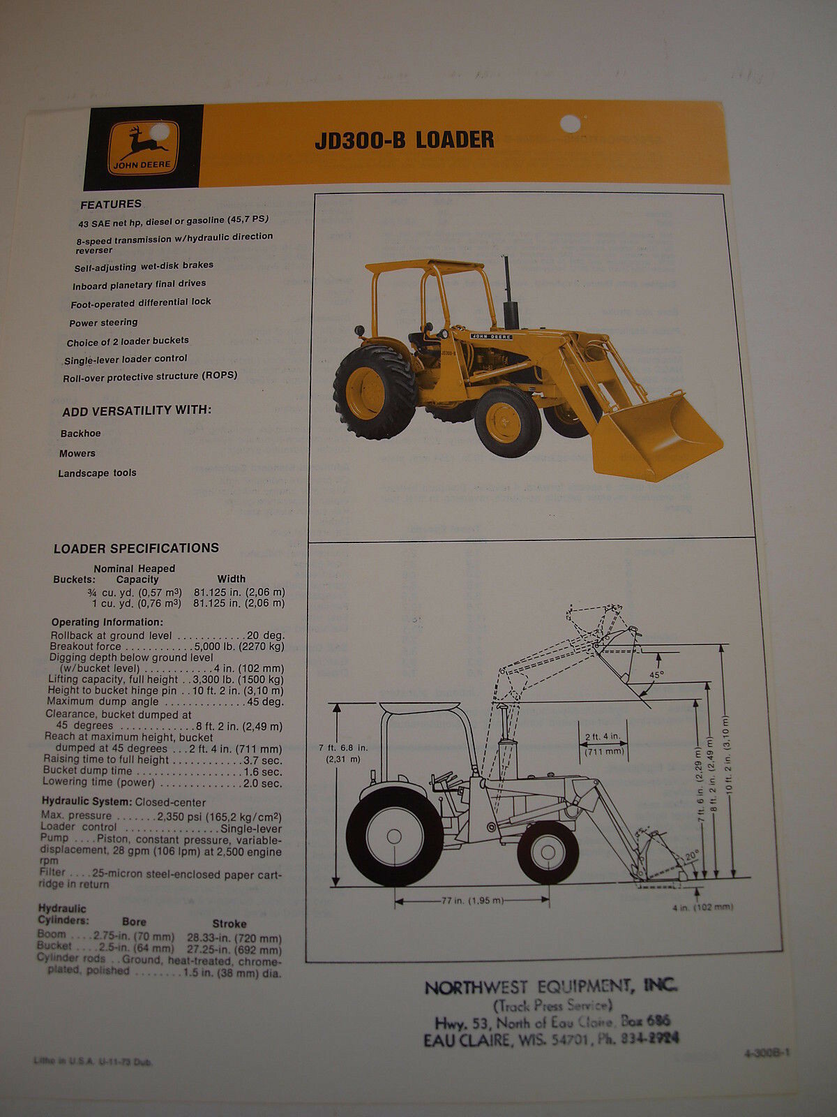 John Deere JD300-B JD 300 B 300B Loader Tractor Brochure '73 Original ...