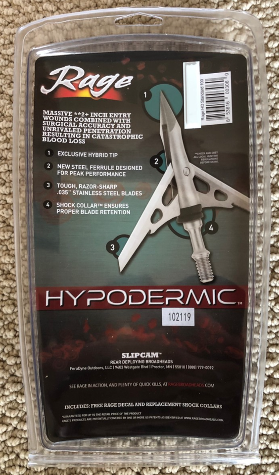 Rage Slipcam Hypodermic 2 Blade 100 Grain 2" Cut Broadhead W/Practice ...