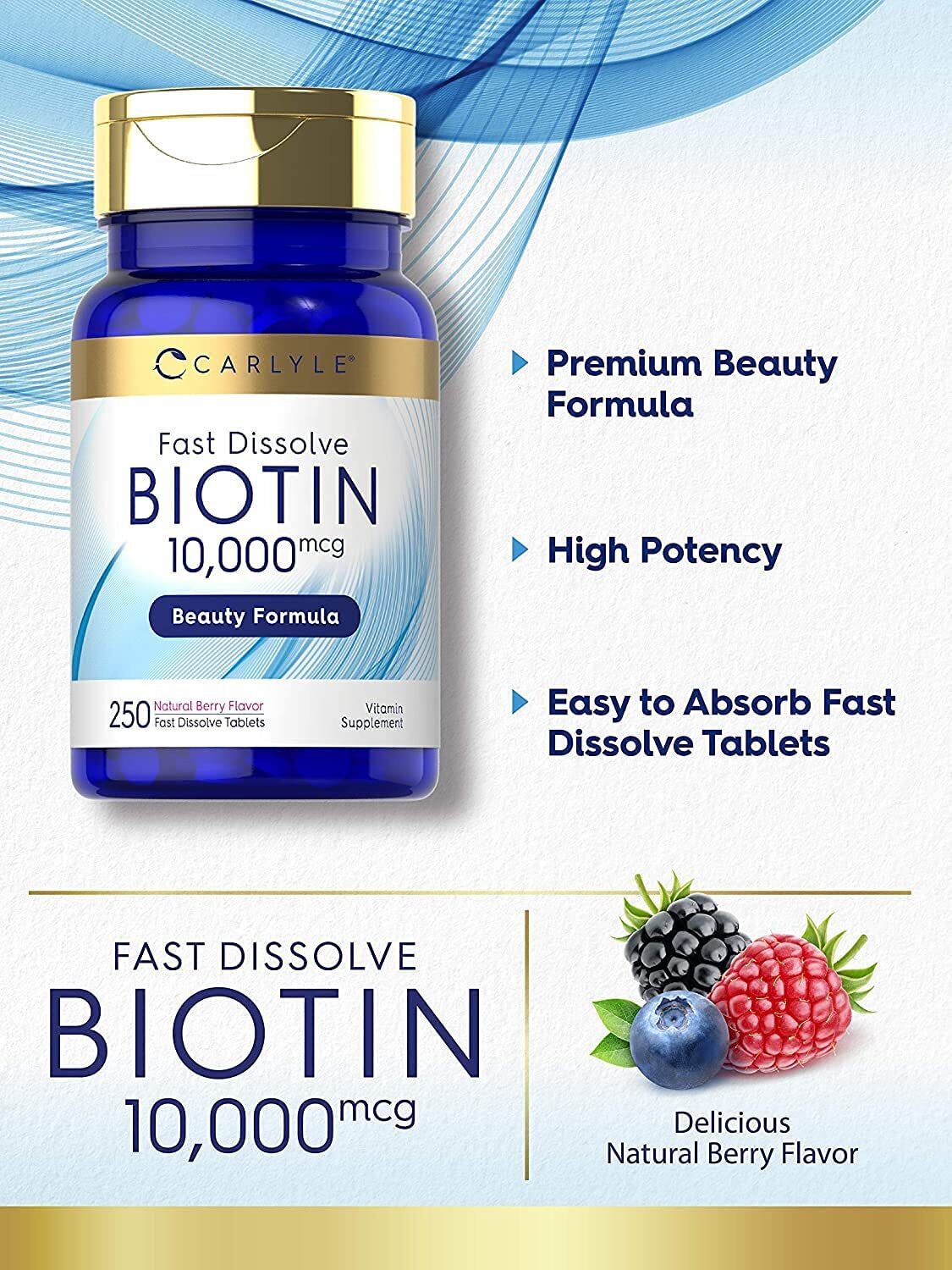 Biotin 10000mcg | 250 Fast Dissolve Tablets | Max Strength | by Carlyle ...