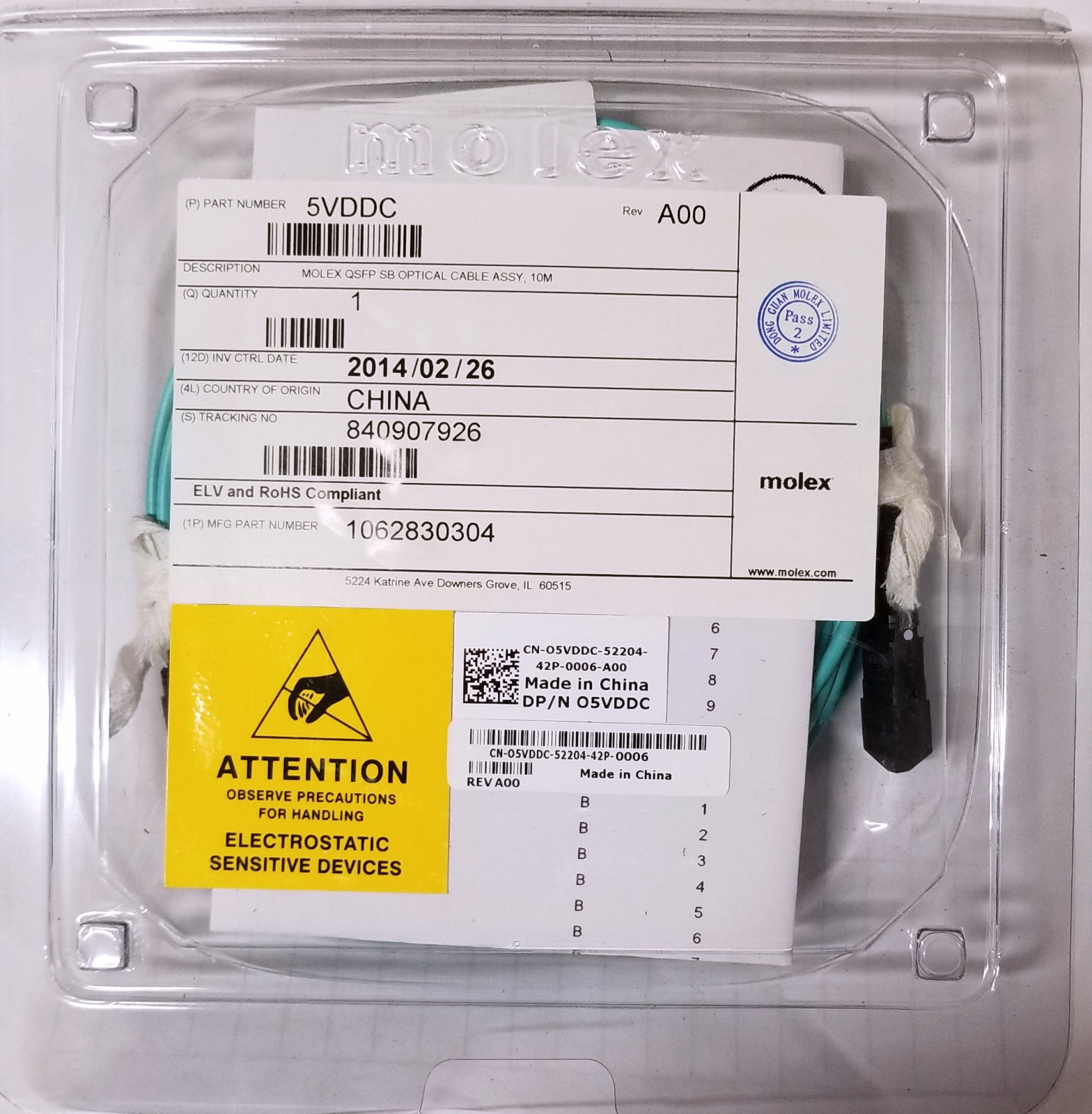 NEW Dell / Molex 10M MTP12 - MTP12 (MPO) OM3 Fiber Patch Cable 5VDDC | eBay