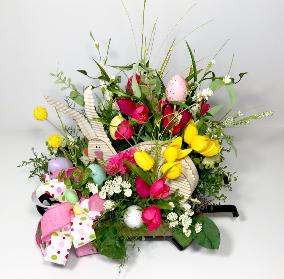 WOODEN EASTER BUNNY RABBIT WHEELBARROW EGGS LRG CENTERPIECE SPRING ...