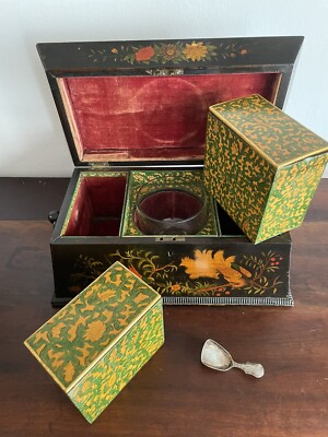 Antique Painted tea caddy With Sterling Silver Spoon And Glass Bowl ...