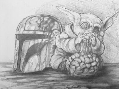 Original Art, Star Wars, Grogu, Mandolorian, Black And White Art ...