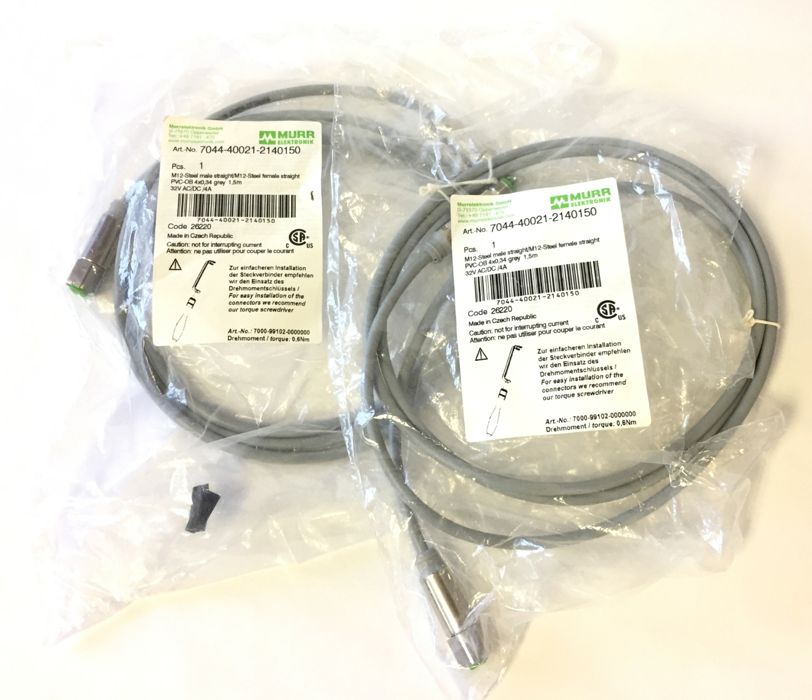 Lot of 2 Murr Elektronik 7044-40021-2140150 Cable M12 Steel Male ...