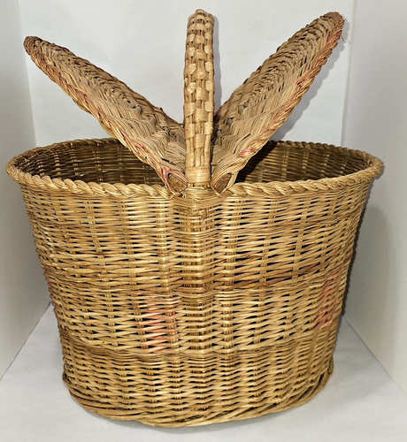 Vintage Handmade 11" Tall Oval Wicker Picnic Basket Hinged Lids Braided ...