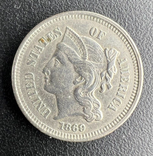 1869 US Three Cent Nickel Piece 3c 3 Cents Coin Civil War Era Full ...
