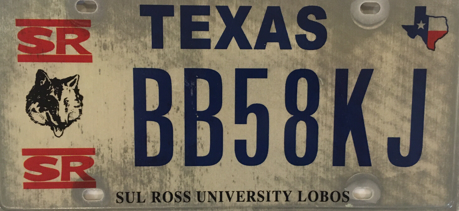 SUL ROSS UNIVERSITY LOBOS license plate Alpine SRSU Sully TX SR Rio ...