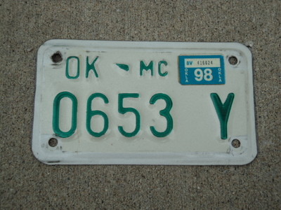 1998 OKLAHOMA Motorcycle MC License Plate 0653 Y OK | eBay