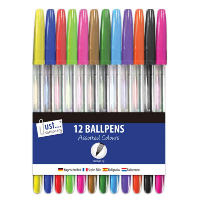 12 Multicoloured Ballpoint Pens - Easy Write Writing Colours Colouring ...