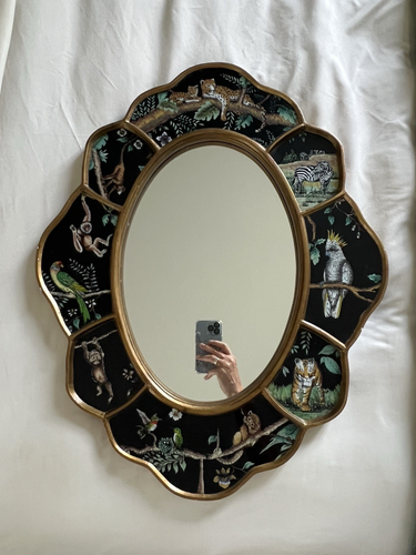 VTG Robert M. Weiss Mirror Oval Black Lacquer Jungle Animals Tiger Peru ...