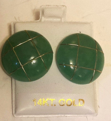 14K Yellow Gold Inlay Earrings Green Jade Jadeite Round Cabochon 1"W ...