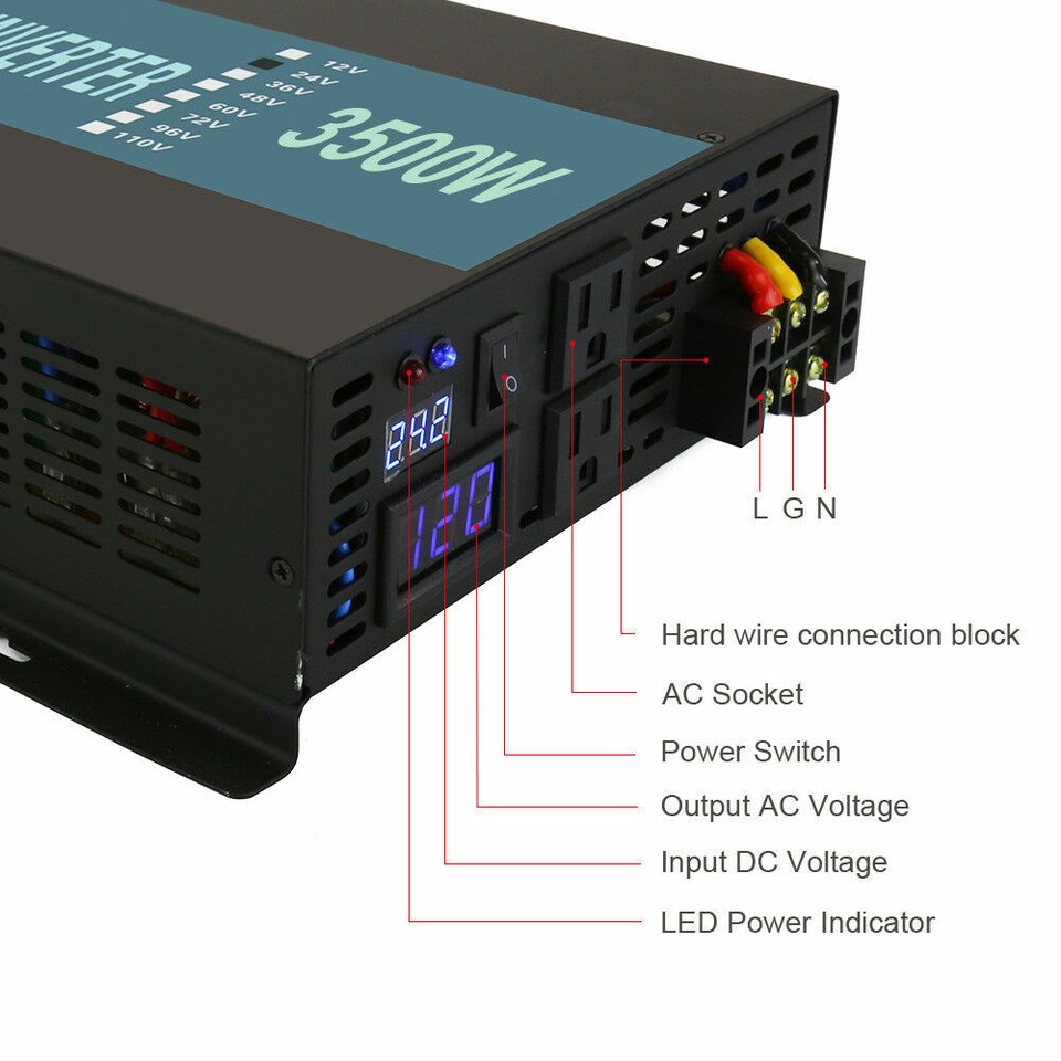 3500W Pure Sine Wave Power Inverter 36VDC to 110/220VAC RV/Car/Home ...
