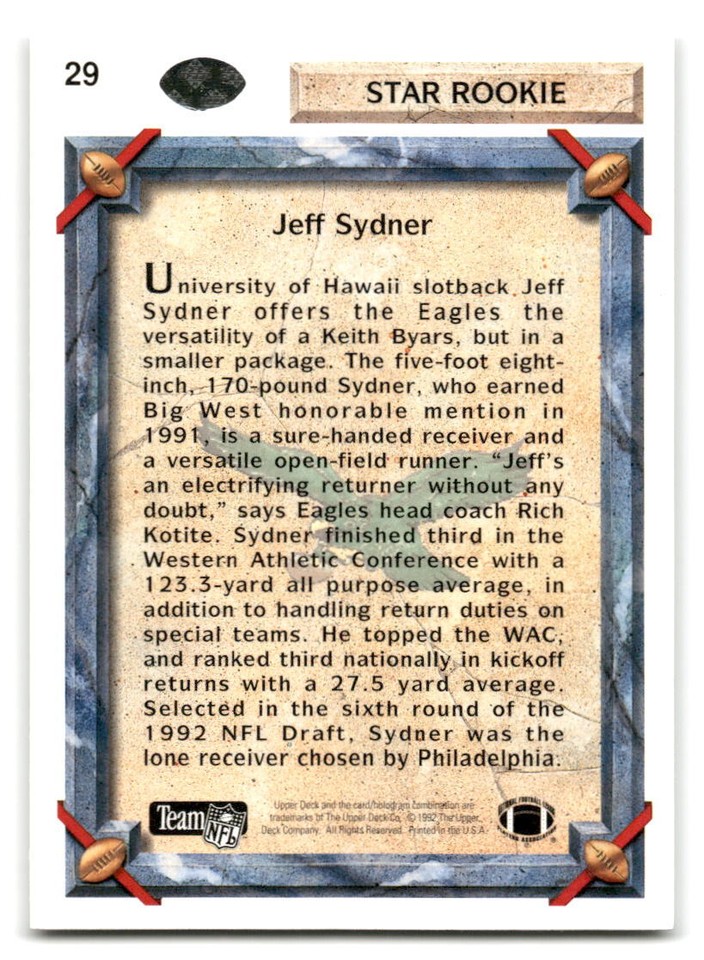 Jeff Sydner 1992 Upper Deck FOOTBALL #29 Philadelphia Eagles Rookie RC ...