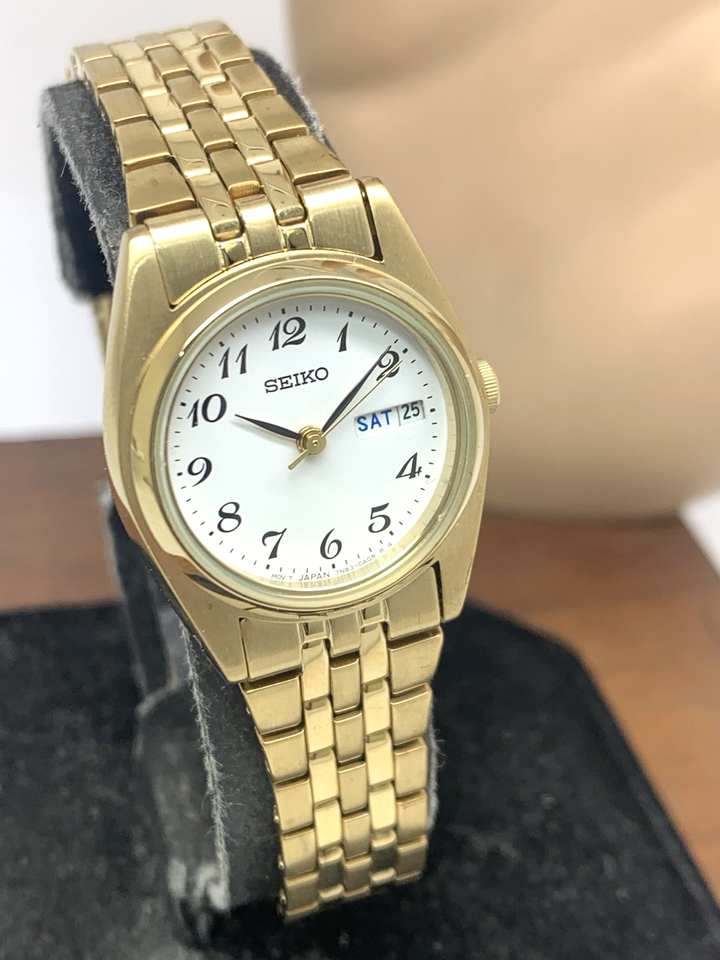 Seiko Women's Watch SUR440 Quartz White Dial Day Date Gold Stainless ...