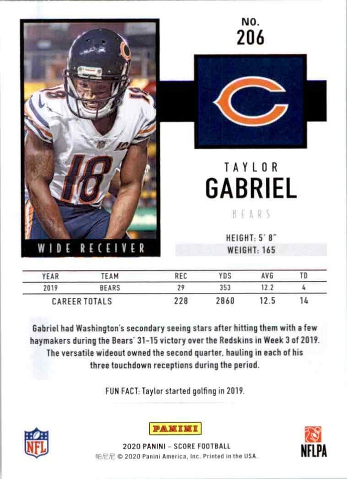 2020 Score #206 Taylor Gabriel Chicago Bears Football Card | eBay