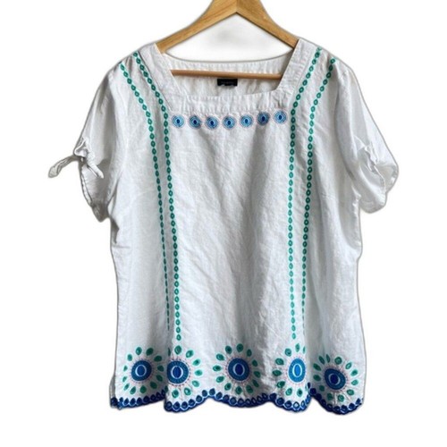 Talbots White Linen Embroidered Square Neck Top Womens Size X-Large Boho Floral | eBay