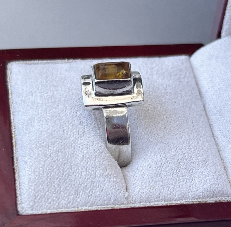 Vtg Sterling Amber Ring, Modernist Rectangular Setting, 6 grams, Size 8 ...