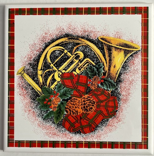 Ceramic Tile 6x6 Inch Hot Plate Trivet Christmas French Horn And Holly ...