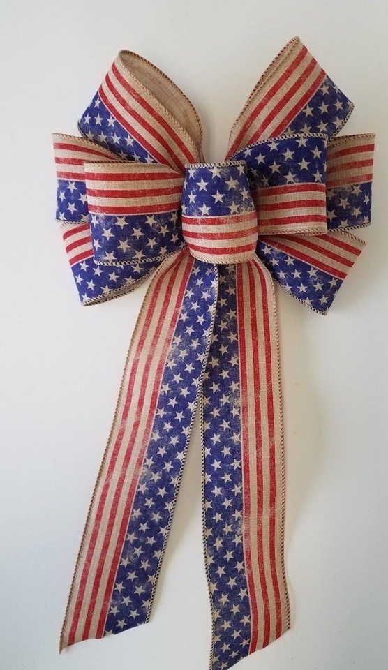 Large 10" Hand Made Wired Red Blue Natural Bow Flag Patriotic American ...