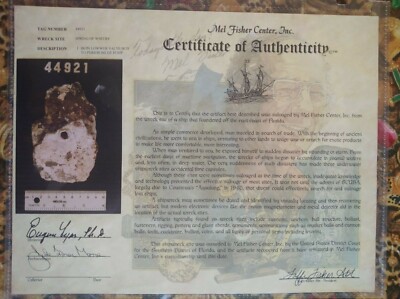 Shipwreck Artifact: Spring of Whitby: 1715 Fleet Mel Fisher COA ...
