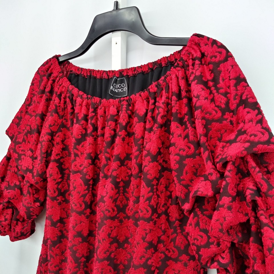Coco Bianco Blouse Women Size S Red 3/4 Puff Sleeve Boat Neck Textured ...