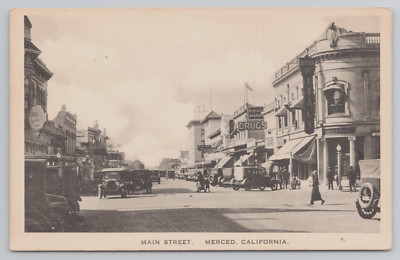 Merced California Main Street Postcard Bank of Italy Drug Store 1920's ...