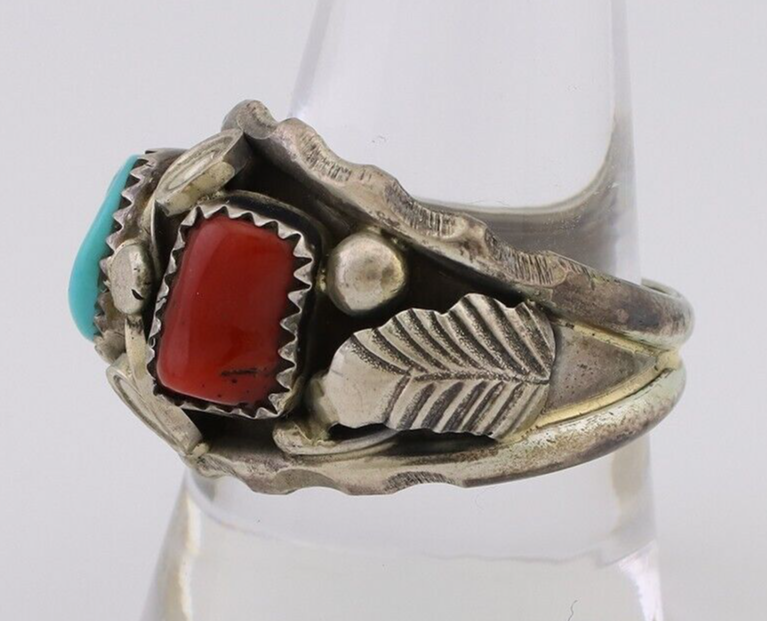 Navajo Ring 925 Silver Coral Turquoise Artist Signed SC C.80's | eBay