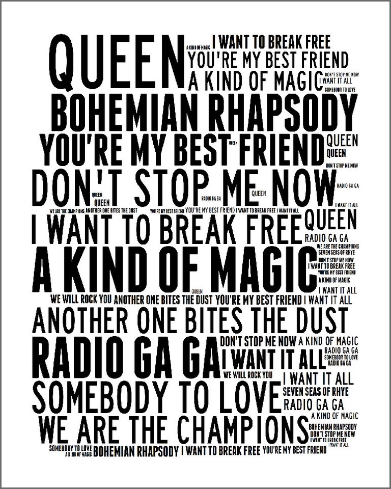 Queen Word Art Print Song Music Titles Lyrics Freddie Mercury May ...