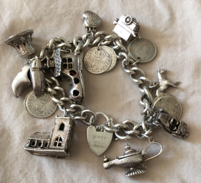 VINTAGE STERLING SILVER CHARM BRACELET & 13 SILVER CHARMS | eBay UK