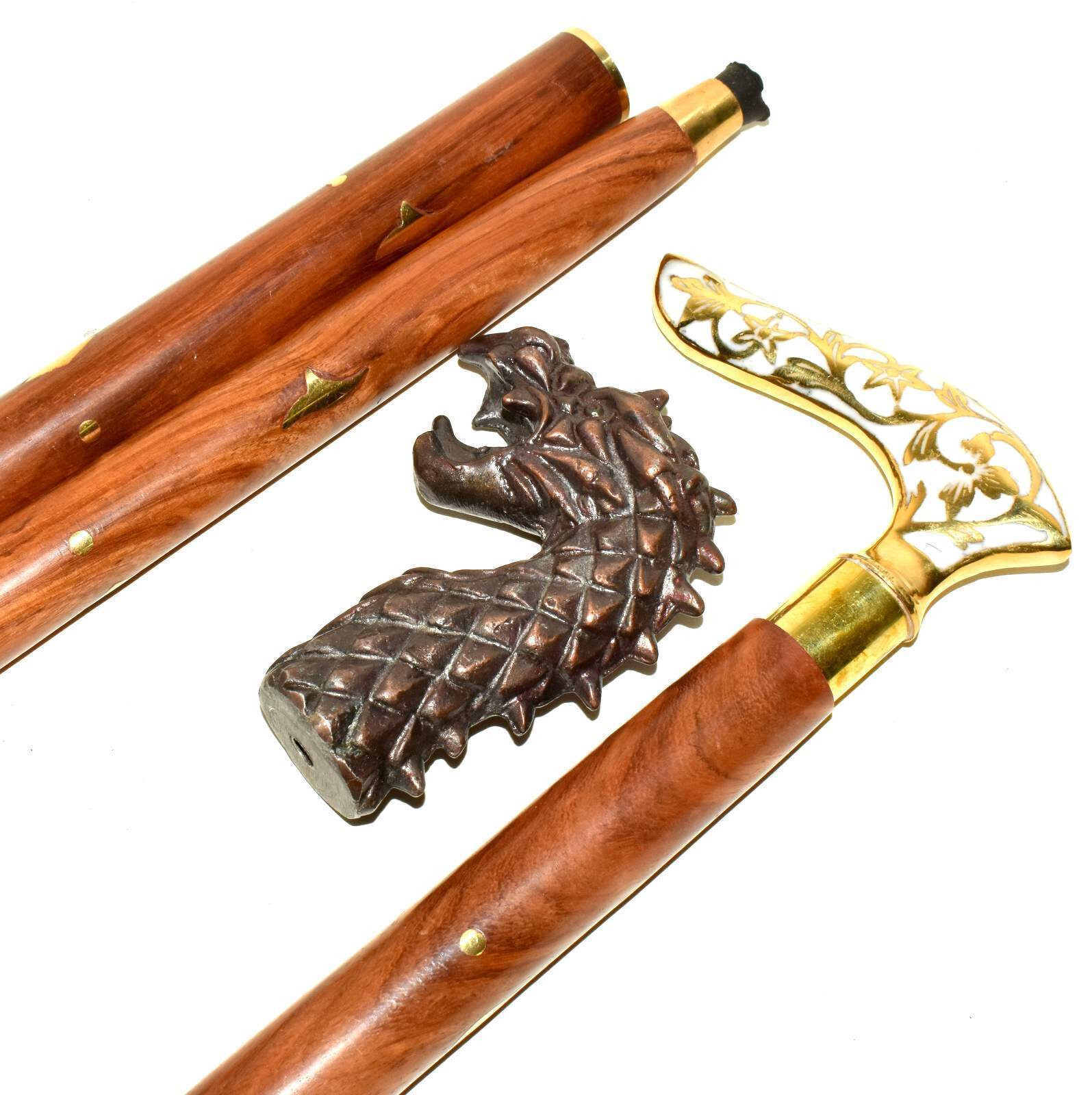 Vintage Handle Harvey Cane Leaf Brass Head Brown Cane… - Gem