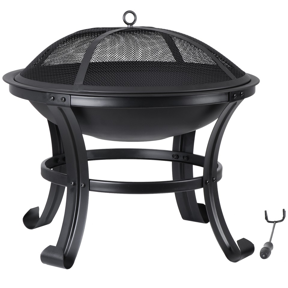 22" Outdoor Wood Burning Fire Pit with Mesh Lid and Fire Picker for ...