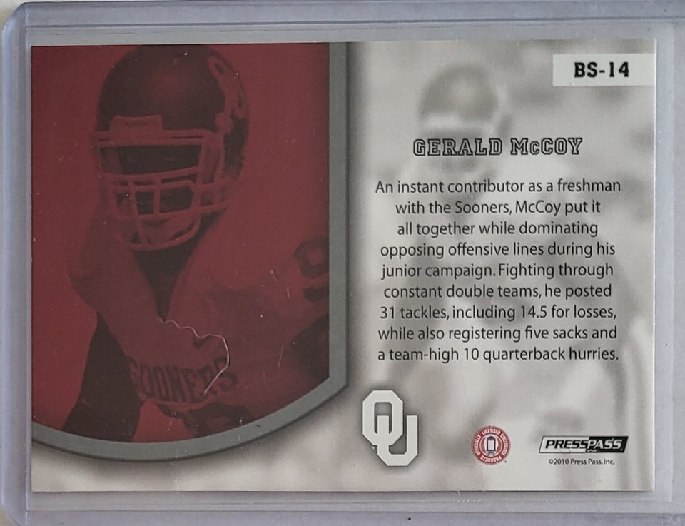 2010 Press Pass Banner Season #BS14 Gerald McCoy Oklahoma Sooners ...