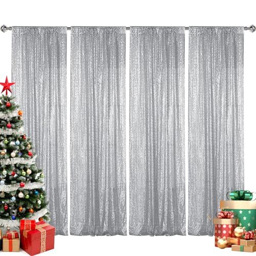 Silver Sequin Backdrop Curtain 4 Panels 2FTx8FT Glitter Silver ...