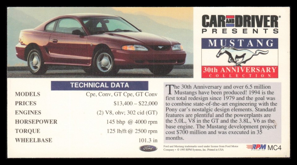 1993 Car & Driver Ford Mustang Collection 1994 GT Promo Card #MC4 LOW ...
