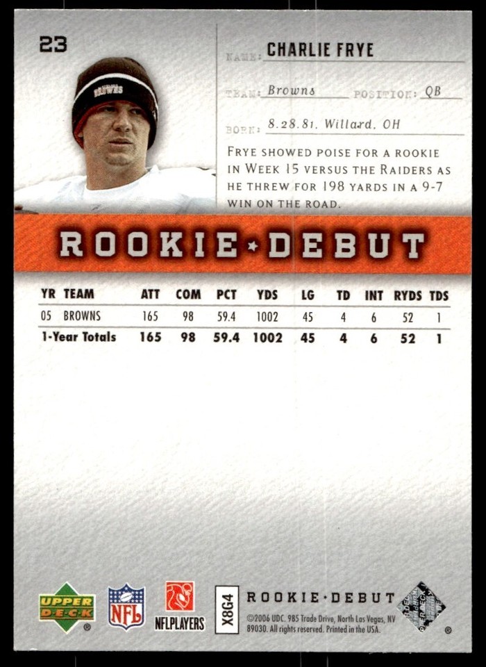 2006 Upper Deck Rookie Debut Charlie Frye Cleveland Browns #23 | eBay