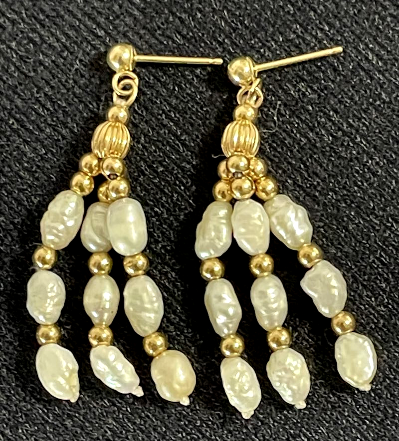 585 14K Gold Bead & Clasp Freshwater Pearl Necklace & Dangle Post ...