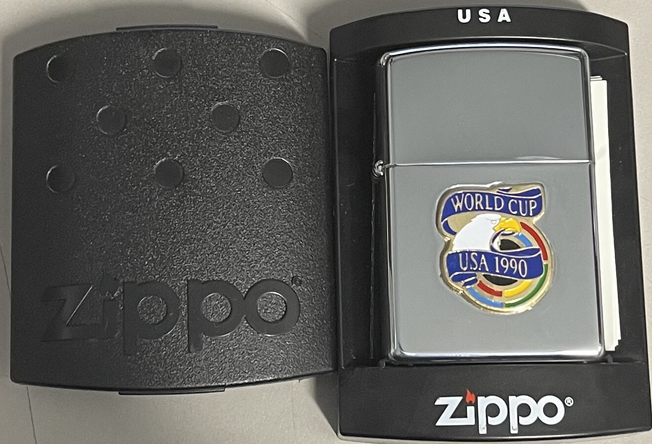 ZIPPO 2002 WORLD CUP USA 1990 EMBLEM CHROME LIGHTER SEALED IN BOX 394F