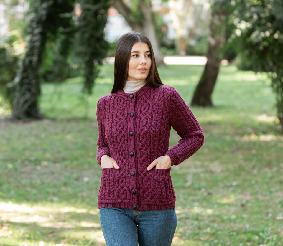 SAOL Aran Cardigan Sweater Women's 100% Merino Wool Cable Knitted ...