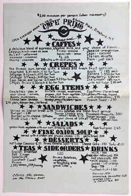 1970's Vintage Menu CAFE PRIMO Expresso Caffes Crepes Coffee Pittsford ...