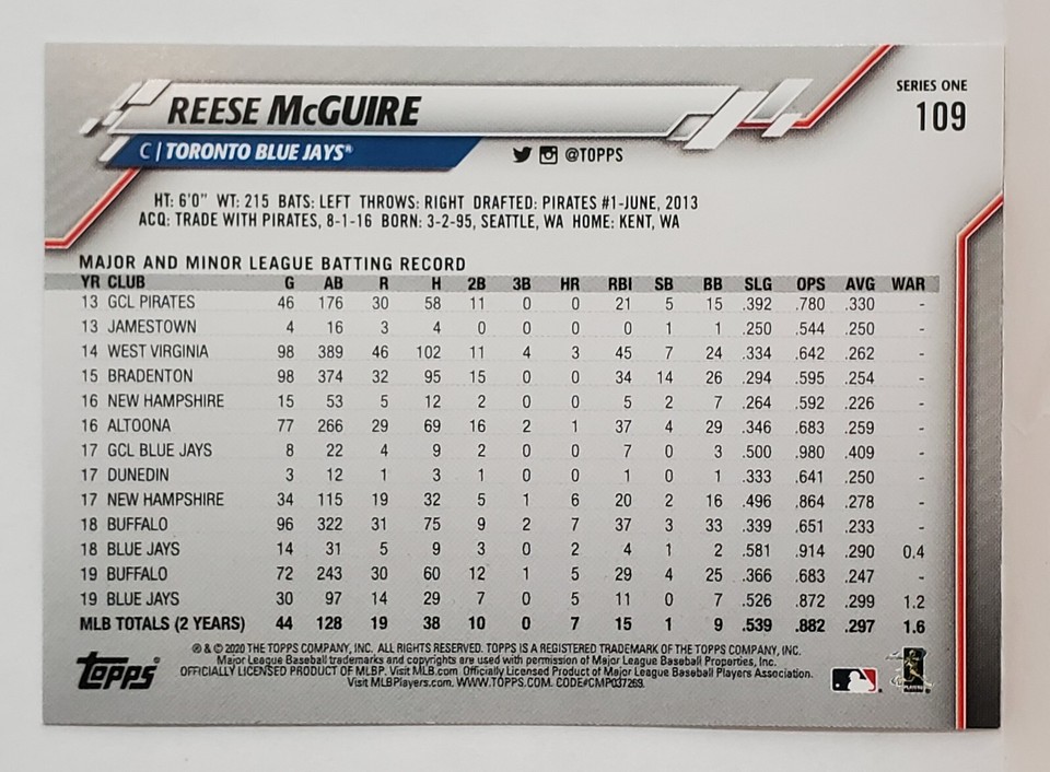 2020 Topps Walgreens Yellow #109 Reese McGuire Toronto Blue Jays | eBay