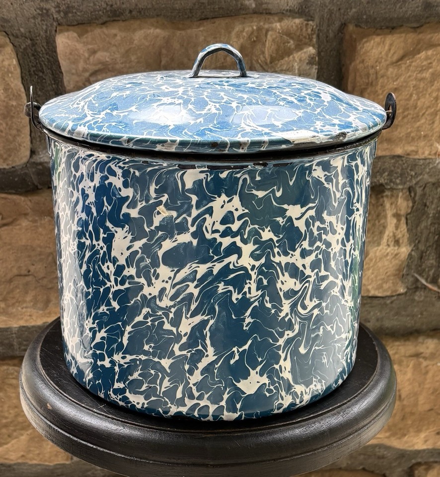 Enamelware Blue & White Swirl Spatterware Pail Bucket W/ Lid Antique ...