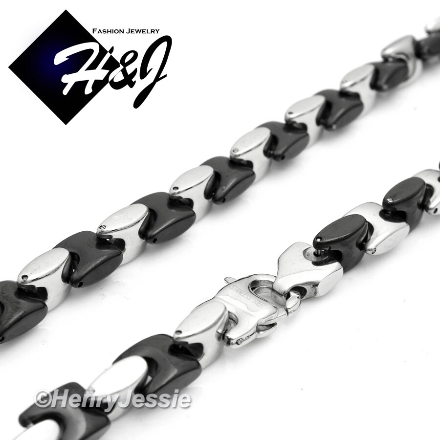 24"MEN Stainless Steel 8mm Sliver/Black Plated Interlock Bone Link ...