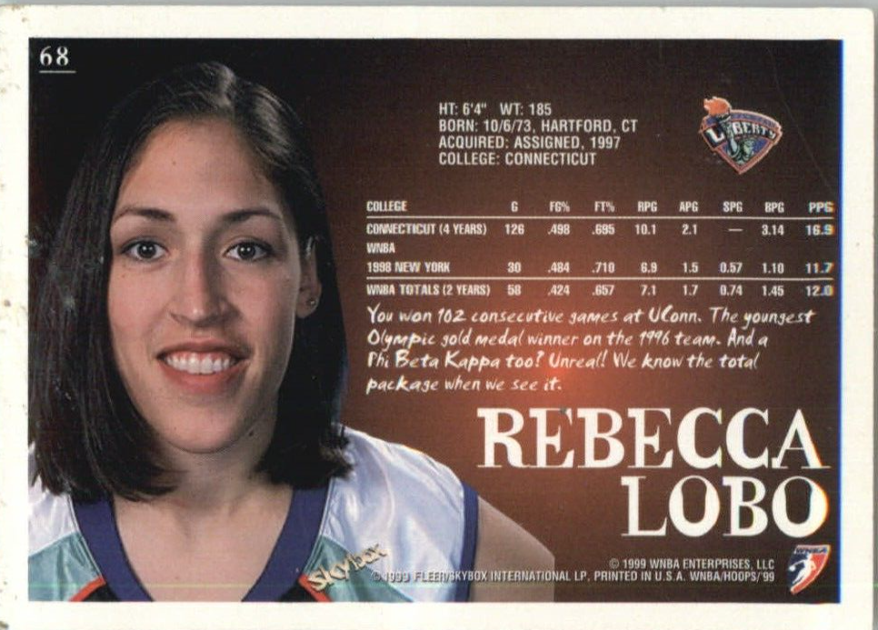 1999 WNBA Hoops Skybox #68 Rebecca Lobo Signed Card Auto 10 Liberty ...