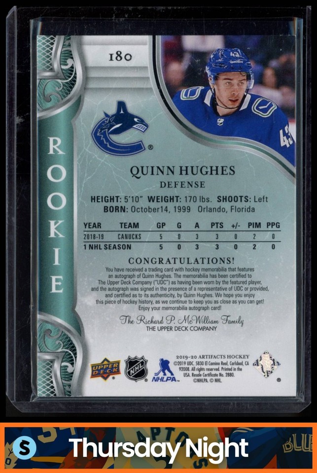 2019 UPPER DECK ARTIFACTS QUINN HUGHES HORIZONTAL AUTO MATERIALS JERSEY ...