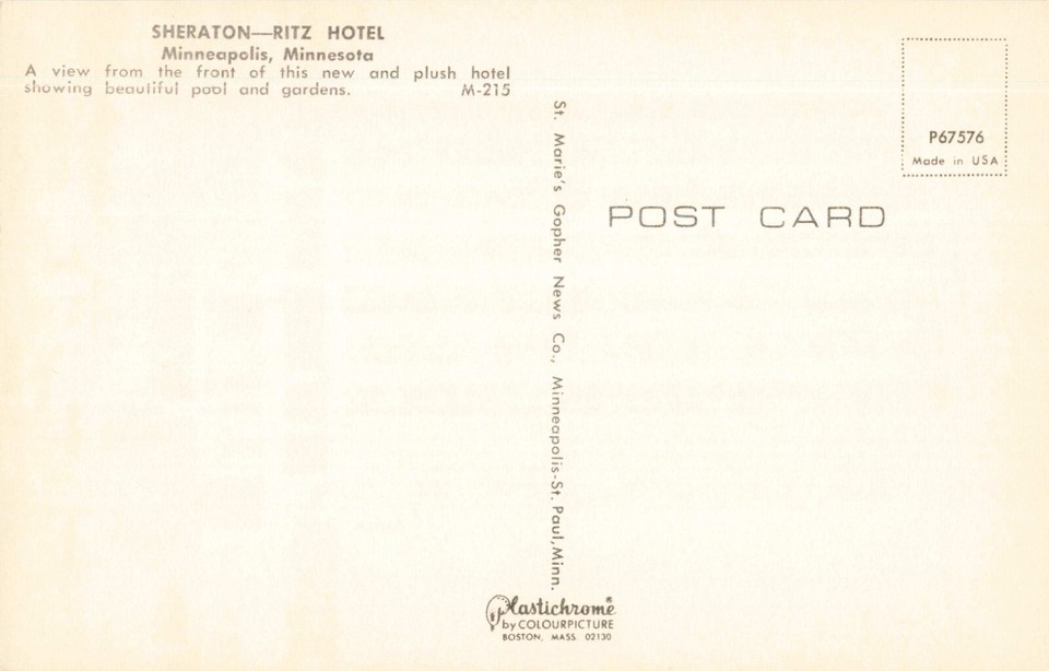 Postcard Minneapolis Minnesota Sheraton-Ritz Hotel | eBay